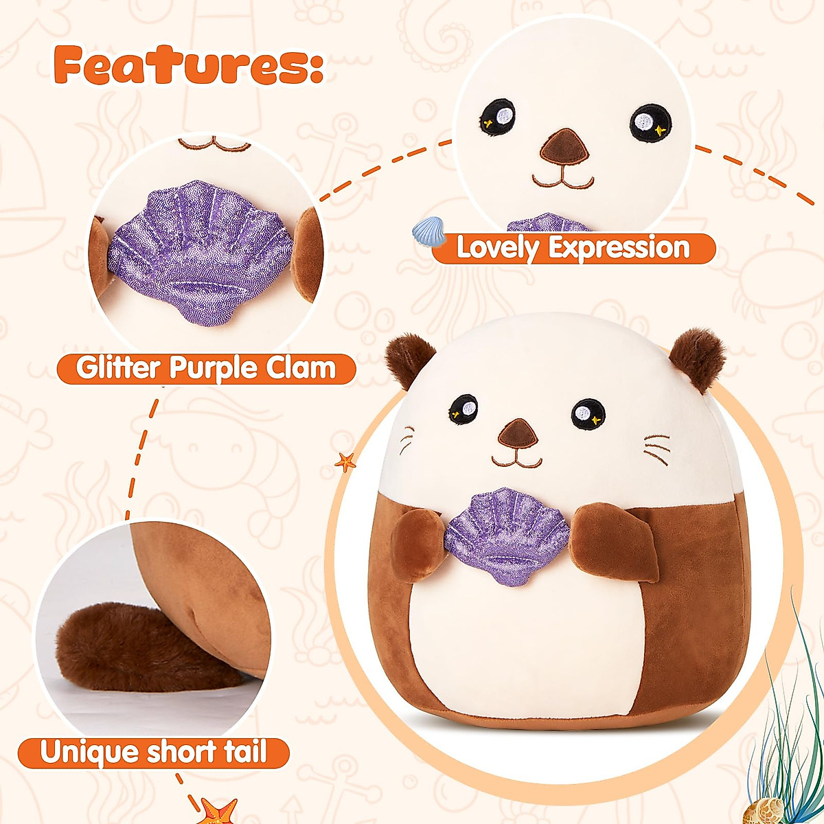 Glow Guards 12” Sea Otter Plush Pillow with Fuzzy Ears,Cute Otter Stuffed Animal,Soft Plushies Pillow Kawaii Otter Plush Toys with Glitter Purple Seashell,Otter Toys Gift for Girls Boys Birthday