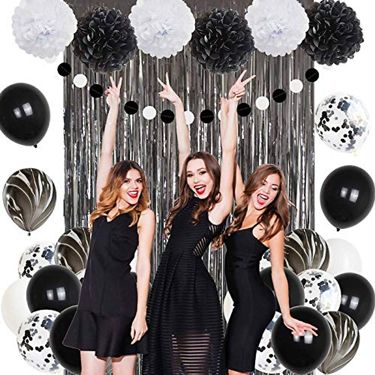 ANSOMO Black and White Happy Birthday Party Decorations, 30 Pcs Balloons Banner Foil Fringe Curtains, for Men Women