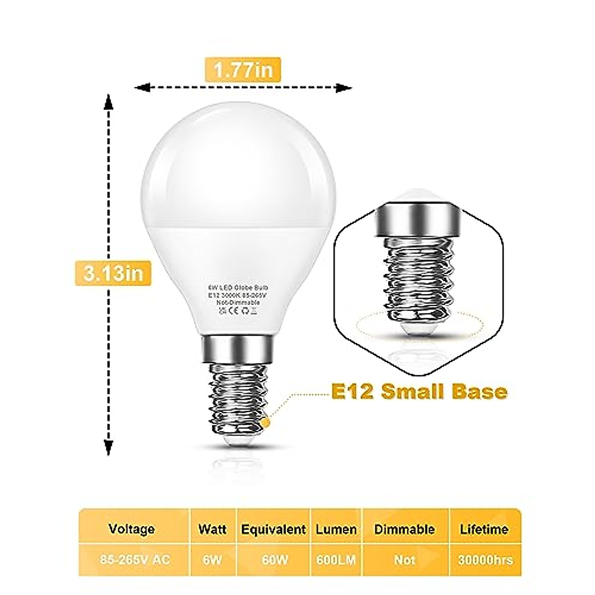 EvaStary Ceiling Fan Light Bulb E12 Candelabra Base, 3000K Warm White 60 Watt Equivalent, E12 LED Chandelier Light Bulbs, 6W 600LM Brightness G14 Mini Globe Candelabra Lighting, Non-dimmable, 6 Pack