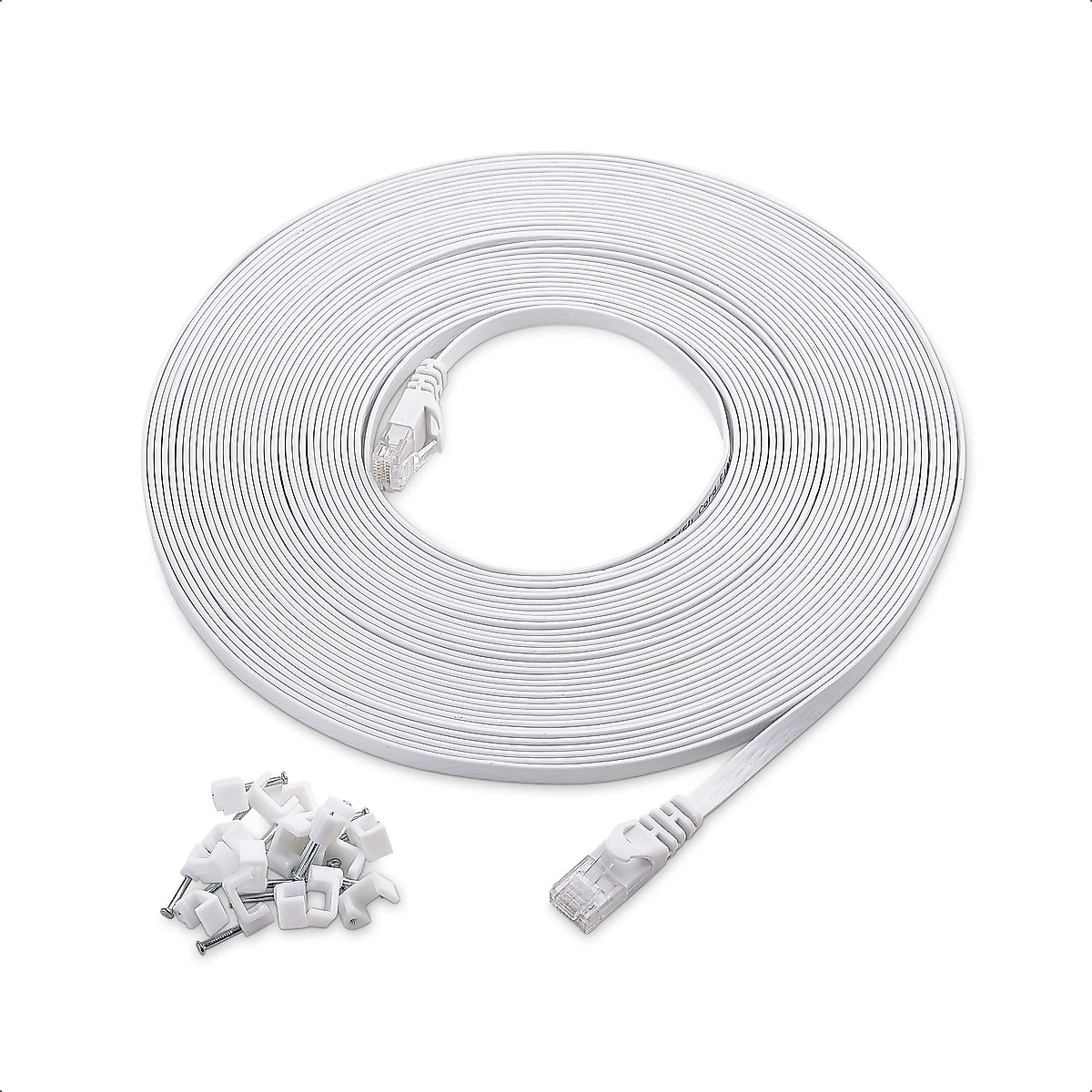 Cable Matters Cat6 Snagless Long Flat Ethernet Cable 50 ft in White with Nail-in Cable Clips