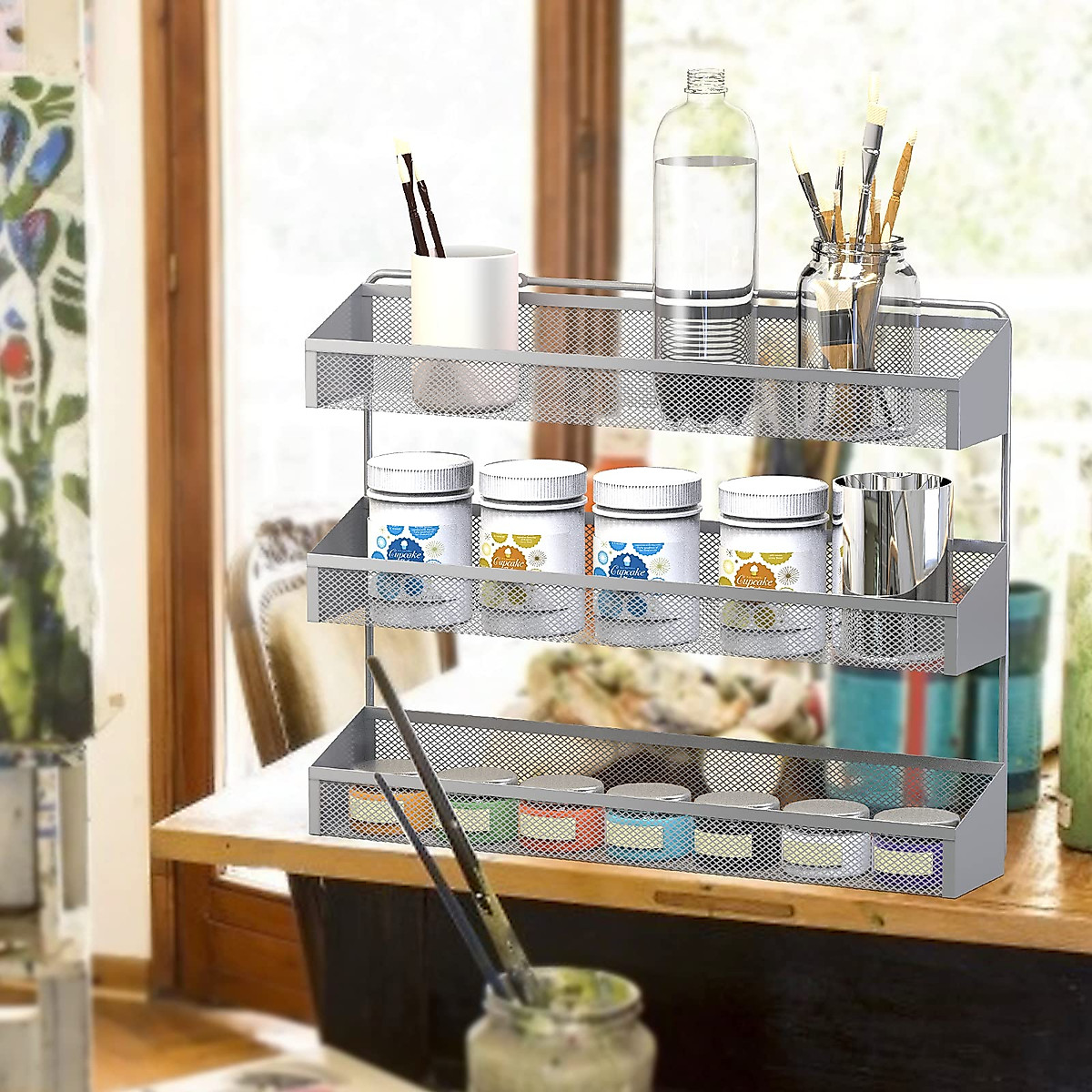 Auledio 2 Pack Spice Rack Organizer, 3 Tier Counter-top Stand or Wall Mounted Storage Rack Hanging Shelf for Kitchen Cabinet, Cupboard, Pantry Door or Bathroom Shower Cosmetic - Chrome