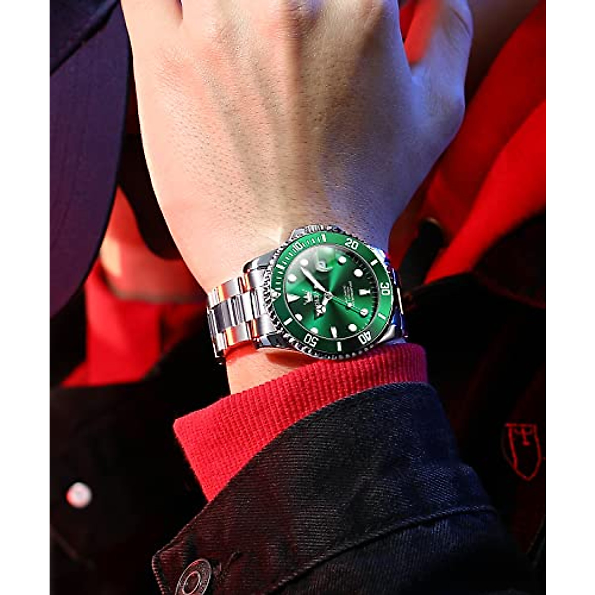 Men Automatic Wirst Watches Self Winding Silver And Green Automatic Watches for Men Mechanical Waterproof Big Face Stainless Steel Date No Battery Watches Man Luminous Submariner Wristwatch Gift