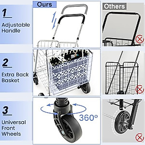 Goplus Folding Shopping Utility Cart, Double Basket and 360° Swivel Wheels, Adjustable Handle, Small Cart Perfect for Grocery Laundry Book Luggage Travel
