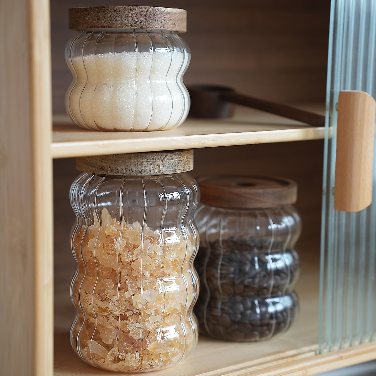 yutrenn Glass Jar with Airtight Lid Cute Glass Canisters for Nut Coffee Sugur Glass Storage Jar Sets of 3 Clear Jar for Kitchen Storage Decorative Container with Wood Lids, GJ-01B
