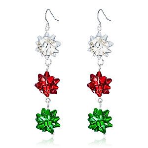 Christmas Bows Flower Piercing Dangle Earrings Red Green White Silver Plated Women Holiday