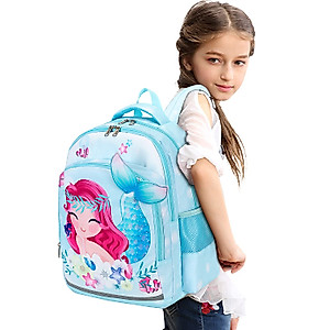 LEDAOU Kids Preschool Backpack Girls Kindergarten BookBag Primary Waterproof Galaxy School Bag 7 Pockets with Chest Strap (Mermaid Sky Blue)