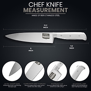 Utopia Kitchen 8 inch Chef Kitchen Knife Cooking Knife Carbon Stainless Steel Kitchen Knife with Sheath and Ergonomic Handle - Chopping Knife for Professional Use (White)