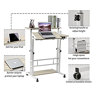 Hadulcet Mobile Standing Desk, Rolling Table Adjustable Computer Desk, Stand Up Laptop Desk Mobile Workstation for Home Office Classroom with Wheels, 31.49 x 23.6 in Beige