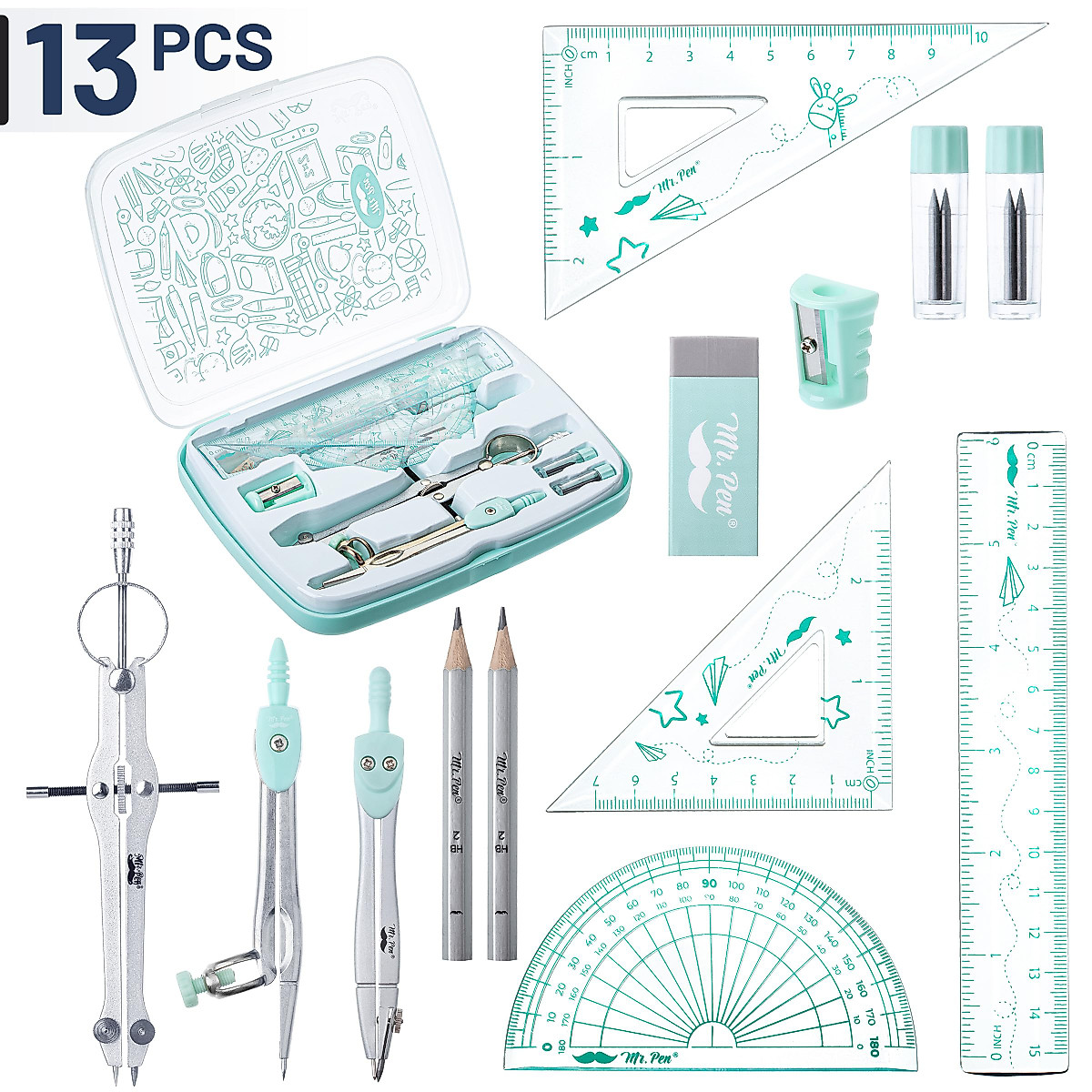Mr. Pen- Geometry Set, 13 pcs, Compass for Geometry Compass, Geometry Kit Set with Shatterproof Storage Box, Math Compass, Geometry Set for School, Compass Math, Protractor and Compass Set