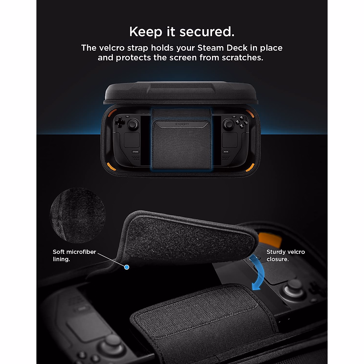 Spigen Rugged Armor Pro Designed for Steam Deck LCD (2022) / Steam Deck OLED (2023) Hard Shell Travel Carrying Case with Pockets for Accessories and Original Charger Storage Bag Carry Case - Black