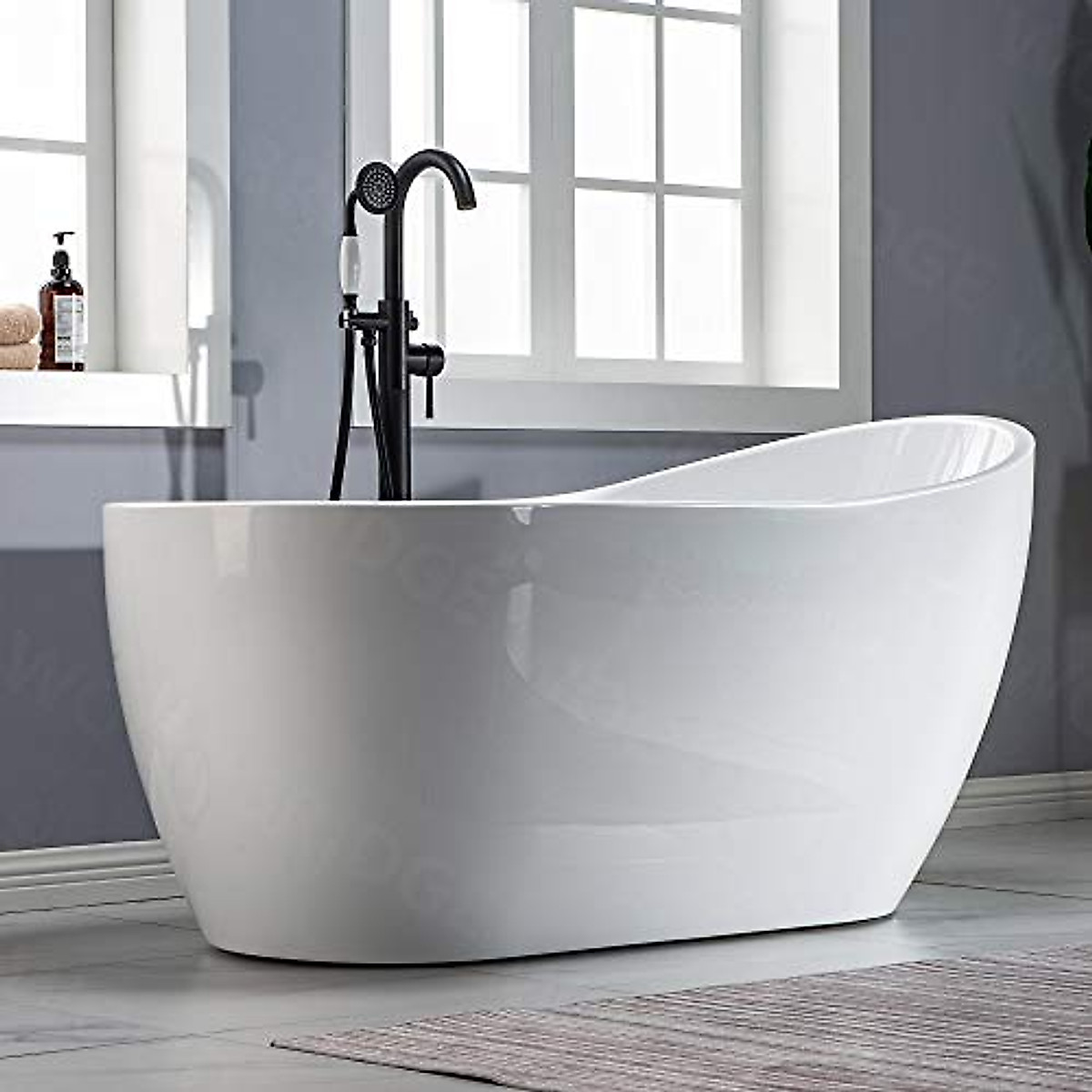 WOODBRIDGE 59" Acrylic Freestanding Bathtub Contemporary Soaking White Tub with Matte Black Overflow and Drain，B1530 -MB-Drain &O