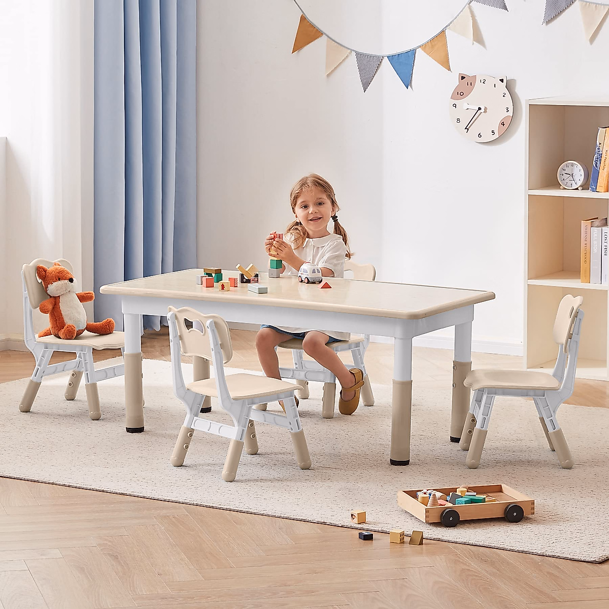 DOREROOM Toddler Table and Chairs Set for 4, Kids Study Table and Chair Set, Height-Adjustable, Graffiti Desktop, Children Activity Table for Daycare, Classroom, Home, Burlywood Wood Grain