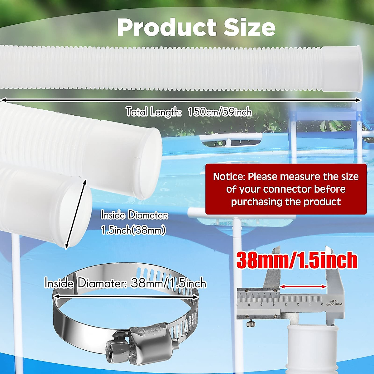 Saintrygo 2 Pcs Pool Hose for Above Ground Pools 1.5 Inches Diameter Pool Pump Replacement Hose 59 Inches Length Swimming Pool Hose with 4 Pcs Hose Clamps (White)
