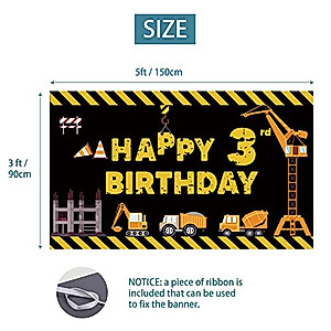 Joyiou Construction Theme Happy 3rd Birthday Decorations Backdrop Banner for Boy Kids, Three Years Old Yellow Black Dump Truck Birthday Party Excavator Crane Sign Supplies Photo Booth Props (5* 3 ft)