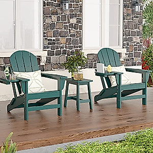 NAVINE Folding Adirondack Chair Set of 4 with Cup Holder Weather Resistant Plastic Fire Pit Chairs, Patio Chairs, Lawn Chair, Ideal for porches, patios, patios, poolsides, Decks.(Dark Green)