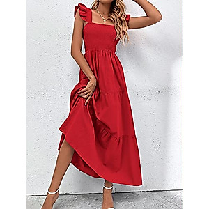 MakeMeChic Women's Summer Boho Dress Floral Print Spaghetti Strap Square Neck Shirred Maxi Dress Beach Sun Dress Solid Red L