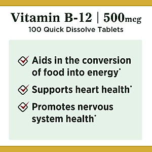Nature's Bounty Vitamin B12, Supports Energy Metabolism and Nervous System Health, 500mcg, Tablets, 100 Ct