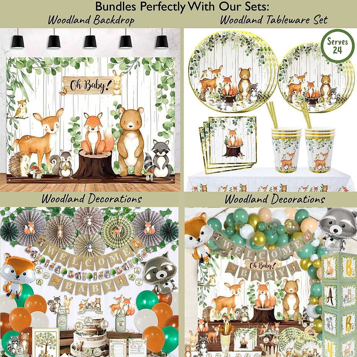 153 Pc Woodland Baby Shower Invitations For Boy And Girl With Envelopes, Baby Thank You Cards, Book Request Cards, Diaper Raffle Box With Ticket & Sign, Guess How Many Baby Shower Game -25 Guest Set