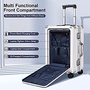 SOMODE Airline Approved Carry On Luggage with Spinner Wheels,Aluminum Framed Carry On Suitcase with Front Open Laptop Compartment/Pocket 22×14×9 inch Large Checked-in Luggage(White)