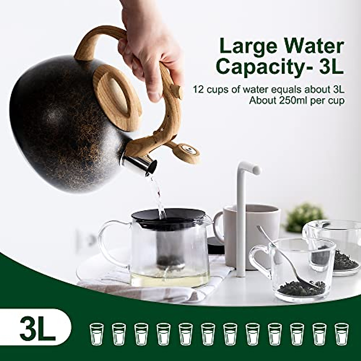 Greenual Tea Kettle, 3.2 Quart Loud Whistling Tea Kettle Stovetop, Food Grade Stainless Steel Teapot for Stovetop, Anti-Rust Tea Pot with Cool Touch Ergonomic Handle(Black Gold)