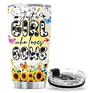 JENOIS Just A Girl Dairy Cow, Tumbler 20 Oz With Lid And Straw, Print Cups Floral Sunflower Handle Flower, Cow Gifts