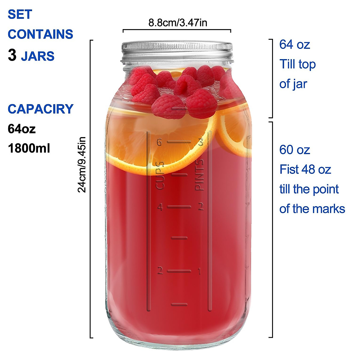 eleganttime 64 oz Mason Jar Wide Mouth 3 Pack,Large Half Gallon Mason Jar with Airtight Lid,Big 1/2 Gallon Big Mason Jars for Canning,Pickling, Fermentation and Preservation
