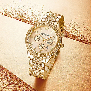 Luxury Unisex Crystal Diamond Watches Quartz Digital Calendar Rose Gold Silver Stainless Steel Watch (Gold)