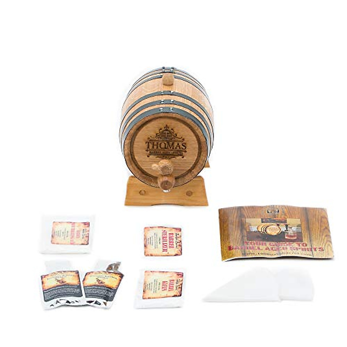 Personalized Whiskey Making Kit – Includes Personalized American White Oak Barrel (2 L.), Stand, Spigot, Essence Bottle, Barrel Cleaning Kit & More – Great Drinking Gift For Men