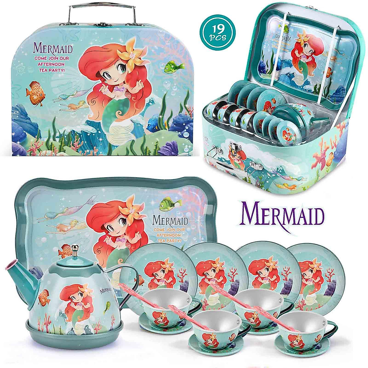 Lajeje Mermaid Tea Party Set for Little Girls, Kids Party Set Toys for 3 4 5 6 Year Old Girls, Pretend Toy Tin Tea Set & Carrying Case, Princess Tea Time Kitchen Play Toys, Birthday Gifts for Girls