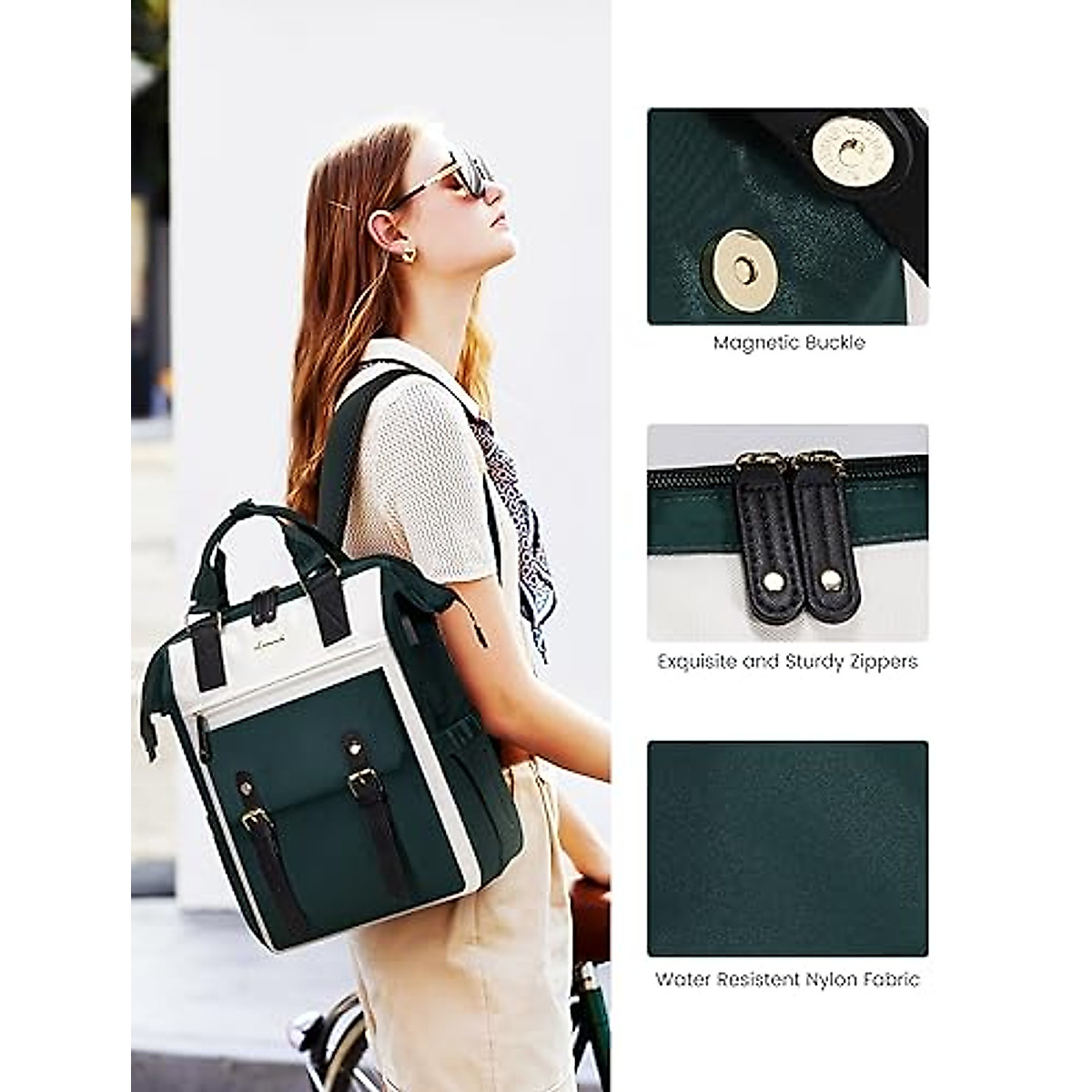 LOVEVOOK Laptop Backpack for Women, Teacher Nurse Bag Work Travel Computer Backpacks Purse,Water Resistant Daypack with USB Charging Port,Beige Green 15.6in