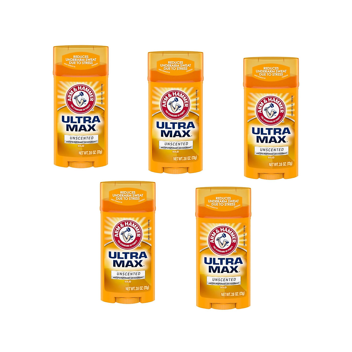 ARM & HAMMER ULTRA MAX Solid Antiperspirant Deodorant, Wide Stick, Unscented, 2.6 oz. (Pack of 5)