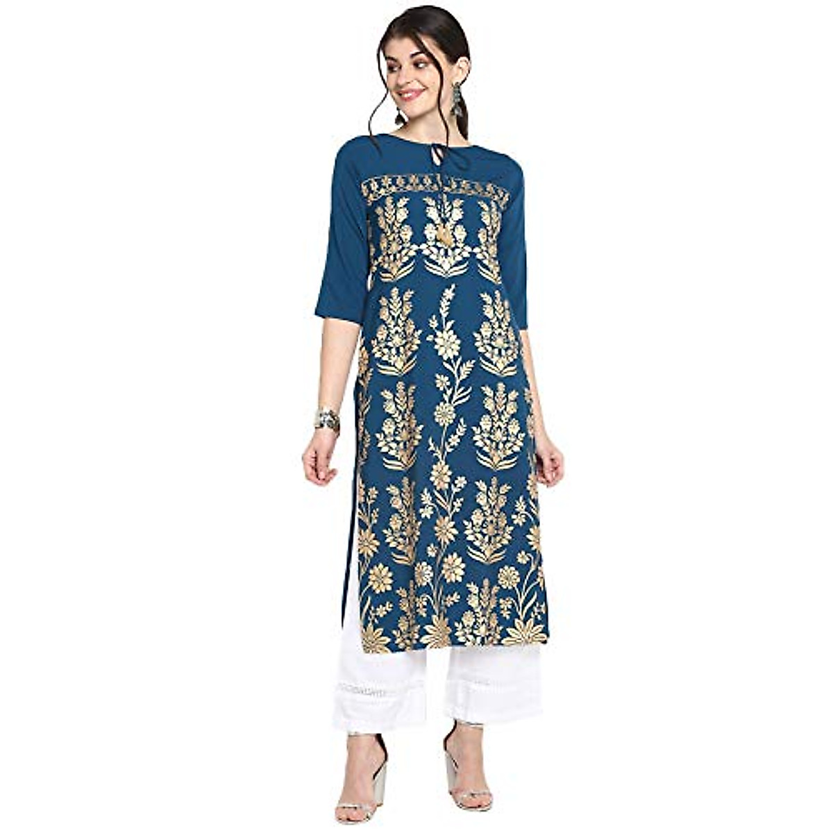 Janasya Indian Women's Turquoise Blue Poly Crepe Kurta(JNE3457-KR-XL)