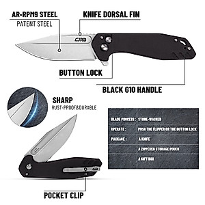 CJRB CUTLERY Folding Knife Riff (J1928) Button Lock Pocket Knife for Men AR-RPM9 Steel Blade and Black G10 Handle for Work Outdoor Hinking Camping