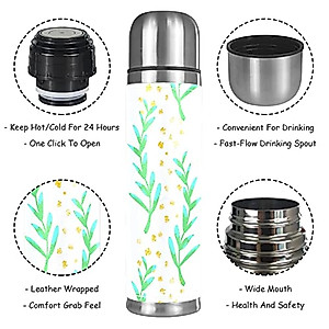 Stainless Steel Leather Vacuum Insulated Mug Leaves Thermos Water Bottle for Hot and Cold Drinks Kids Adults 16 Oz