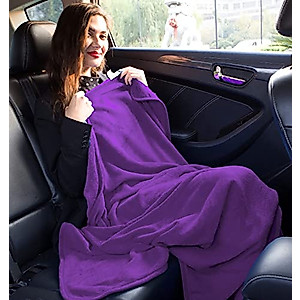 BlueHills Premium Soft Travel Blanket Pillow Value Pack Set of 2 - Airplane Flight Blanket Throw in Soft Bag with Luggage Belt Compact Pack Large Blanket for Travel Navy Blue and Purple Colors