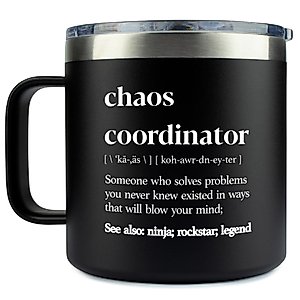 Chaos Coordinator Gifts for Men Tumbler Black 14oz - Thank You, Corporate, Boss Day, Office Gifts for Men Travel Mugs for Coworkers, Stainless Steel Chaos Coordinator Coffee Mug Cup Manager Present