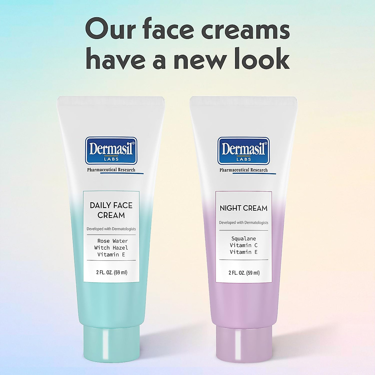 Dermasil Face Moisturizer Variety 2-Pack – Daily Face Cream with Witch Hazel and Rose Water + Night Cream with Vitamin C and Squalane, 2 Oz Ea