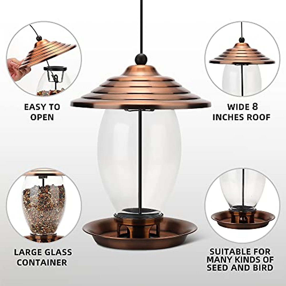 REALEAD Bird Feeder, Wild Bird Feeders for Outside,Metal and Glass Bird Feeder with 3 lbs Seed Capacity, Bird Feeders for Outdoor Hanging for Garden Yard