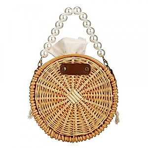 Round Rattan Bag, Pearl Purse, Summer Tote Bag, Top Handle Handbag, Beach Bag Purse for Women, Top Handle Handbag