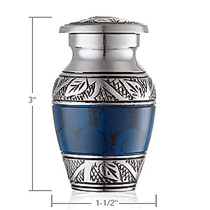 Reminded Small Cremation Urns for Human Ashes, Mini Keepsake Set of 6 Blue and Silver with Velvet Case