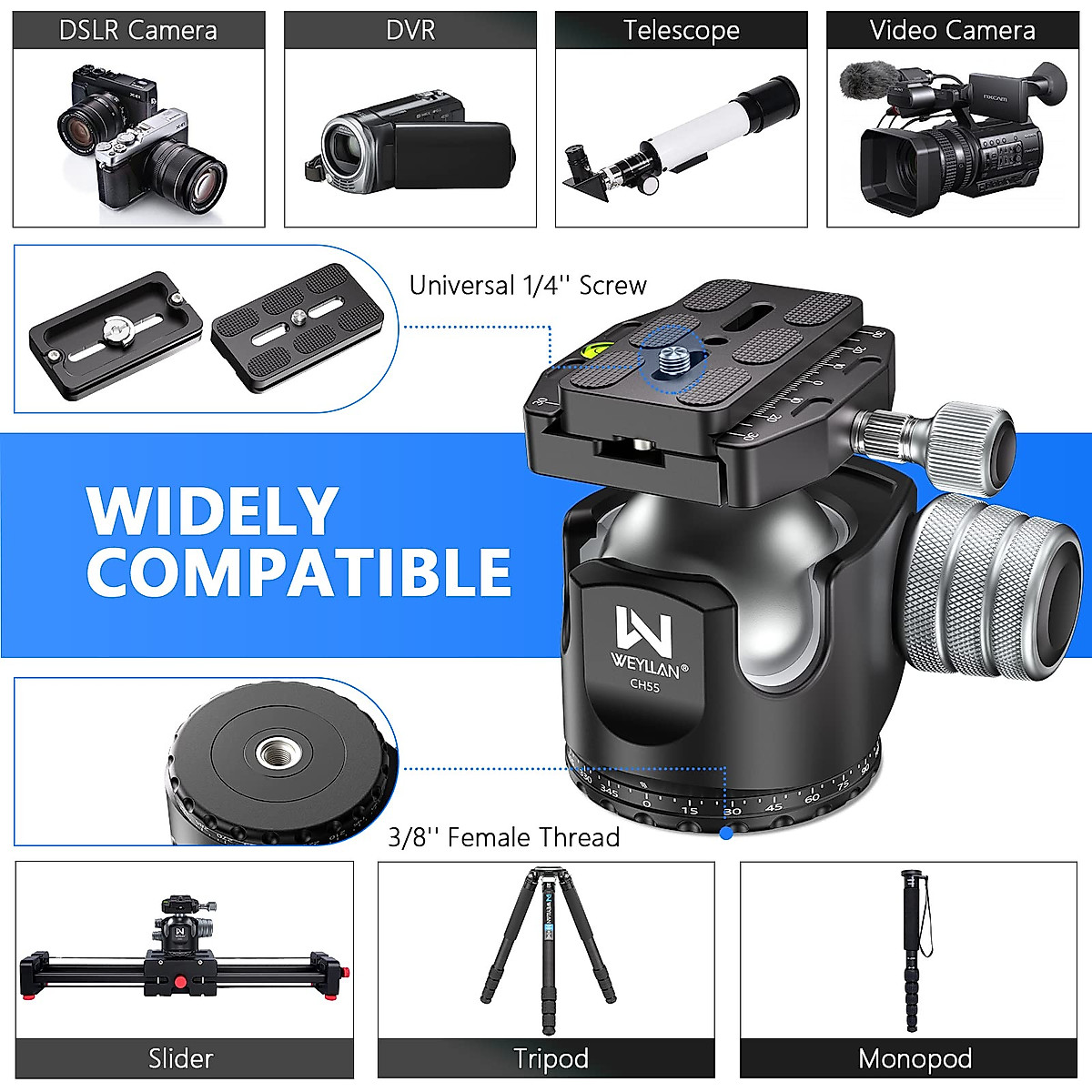 Low Profile Ball Head 55mm Tripod Ball Head WEYLLAN Heavy Duty 360 Panoramic Tripod Head, CNC Aluminium Alloy Tripod Camera Head for Tripod, with Two 1/4'' Quick Release Plates, Max Load 88.18lbs/40kg