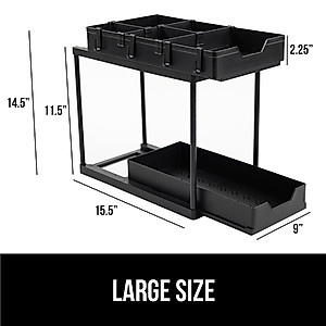 Gorilla Grip 2 Tier Under Sink Organizer, Pull Out Cabinet Organizers with Hooks, Slide Drawers Hold Up to 15lbs Each, Easy Assembly Storage for Kitchen Bathroom Coffee Bar, Shelf Organization, Black