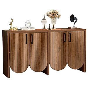 Fluted Buffet Sideboard Cabinet with Storage,Scandinavian 57.9” Storage Cabinet with Adjustable Shelves,Carved Arc Door Design Accent Buffet Cabinet for Living Room Dining Room (Walnut, 4 Door)