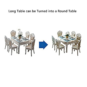 LITFAD Victorian Dining Room Table Set Stretchable Dining Table and Chairs for 6 Marble Top Wood Legs Dining Furniture Multifunctional Restaurant Table Set - 7 Piece Set White Table Light Blue Chairs
