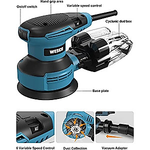 5" 3.0 Amp Corded Electric Random Orbital Sander, Cyclonic Dust Box, Soft Grip, Variable Speed 5000~12000 OPM, 12Pcs Sandpapers