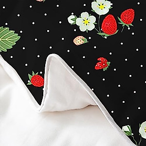 Castle Fairy 100% Cotton Red Strawberry Duvet Cover Queen Sweet Fruits Bedding Set for Boys Girls Bedroom Rustic Flowers Plant Comforter Cover White Dots Simple Style Soft Breathable Quilt Cover