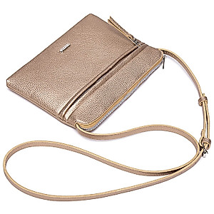 DAVIDJONES Top Zip Crossbody Bags for Women, Faux Leather Metallic Envelope Shoulder Bag Cell Phone Crossbody Purse with Long Strap-Champagne