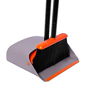 BirdRock Home Broom and Dustpan Set - Lobby Dust Pan - Orange and Grey Durable Set - Indoor or Outdoor - Sweep Combo Great for Kitchen, Home, Garage and Office - Clip On Self Cleaning Bristles