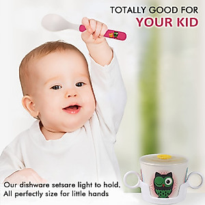 Greentainer 5 PC Kids Toddler Dinnerware Sets Bamboo Toddlers Dishes Set Kids Feeding Plates and Bowls Sets with Sunction and Utensil Flatware Durable & BPA Free