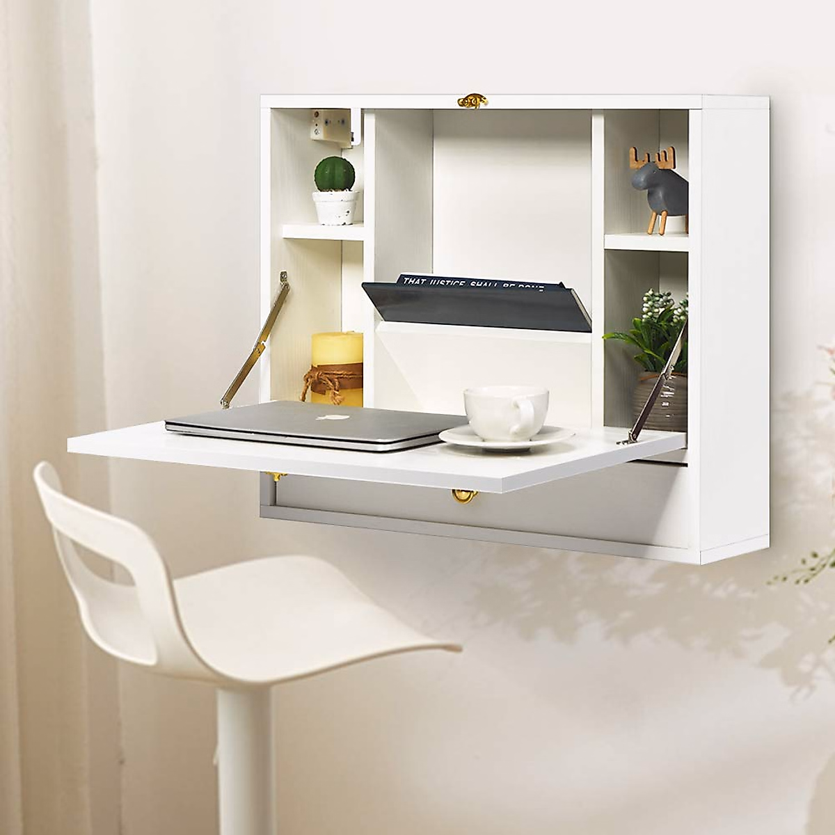 WATERJOY Storage Chests,Wall Foldable Cabinets,Hideaway Storage with Drawer,Small Folding Hanging Storage Cabinets Working Table Computer Desk Dining Desk Vanity Table for Home,Office White